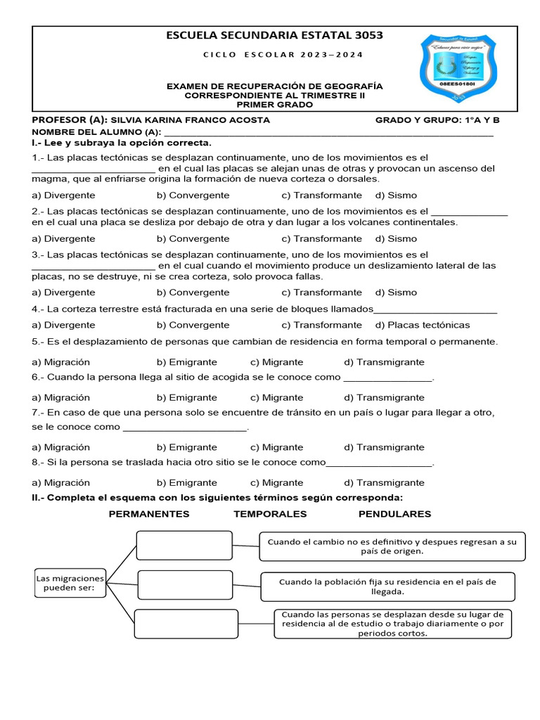 Examen de Geografía: Placas Tectónicas y Migración | PDF | Temblores ...
