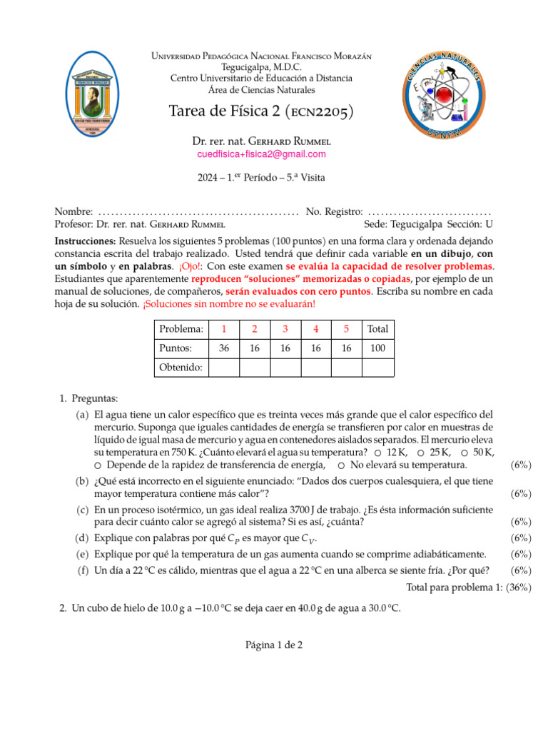 Tarea 2 Termodinamica Fisica 2 2024 1 | PDF | Gases | Calor