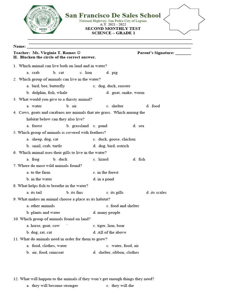 Grade 1 Science Monthly Test Questions | PDF | Beak | Birds