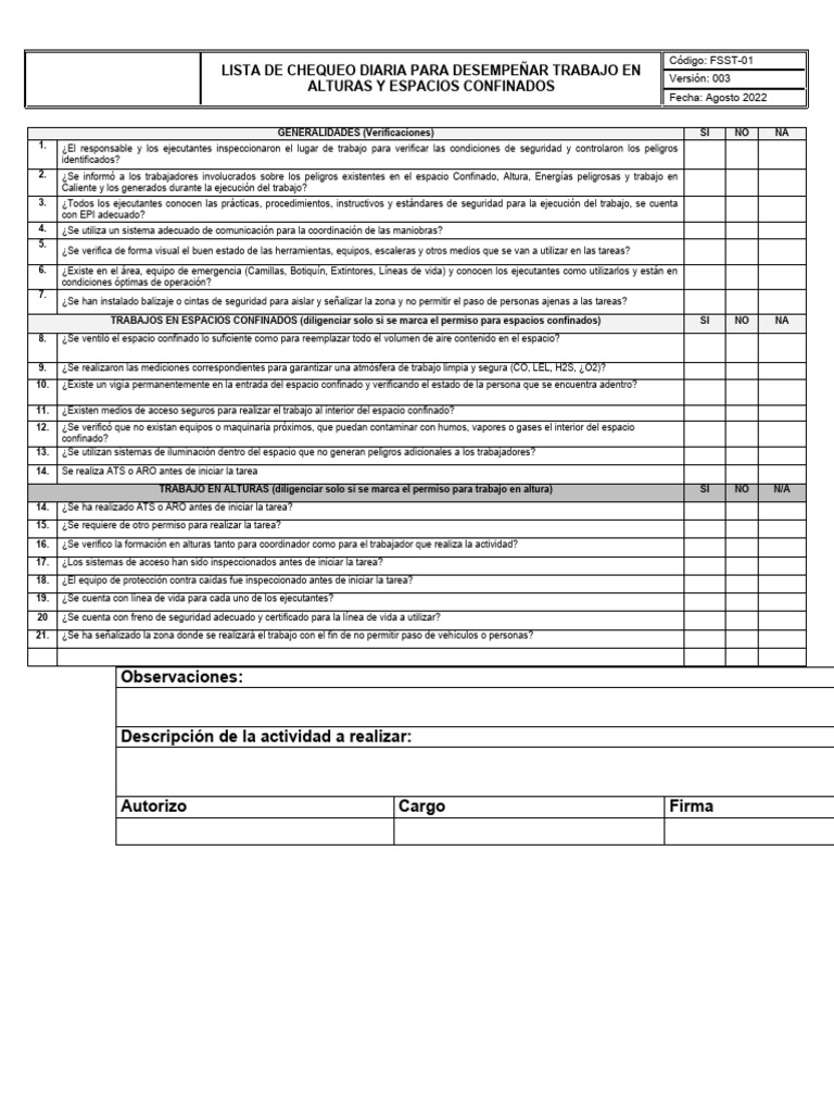 LISTA DE CHEQUEO ALTURAS Y ESPACIOS CONFINADOS | PDF
