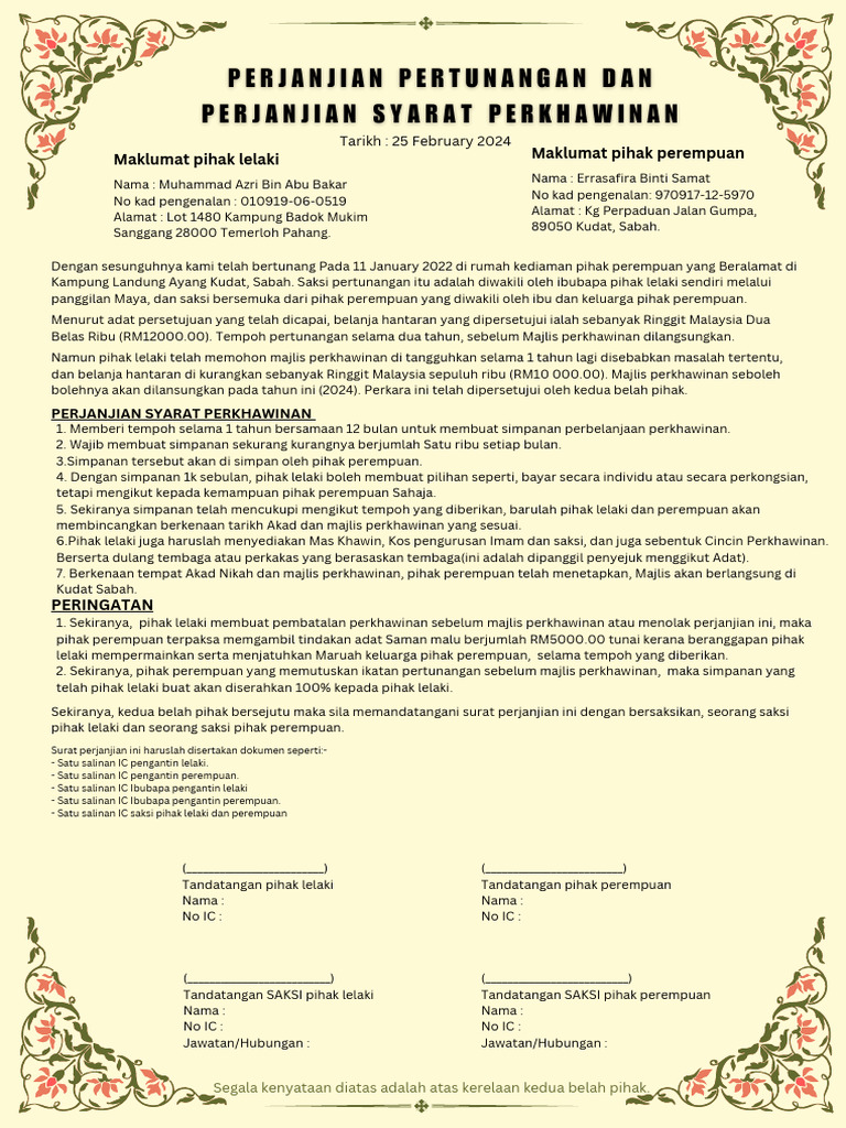 Perjanjian Pertunangan Dan Perjanjian Syarat Perkhawinan - 20240223 ...