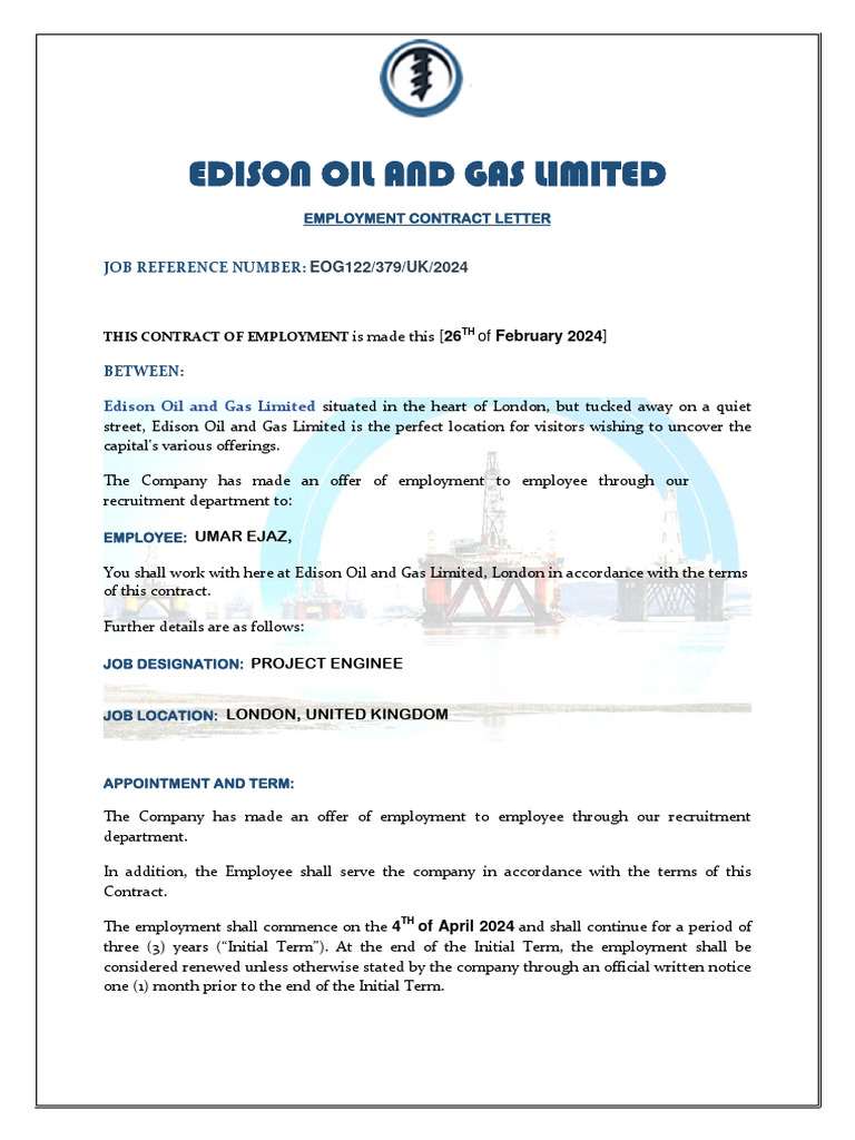 Edison Oil and Gas Limited (UK) Job Offer Letter (1) (Autosaved) Umar Ejaz | PDF | Employment ...