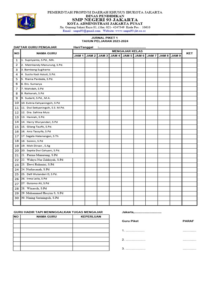 Jurnal Piket SMPN 93 Jakarta 2023-2024 | PDF | Sains & Matematika