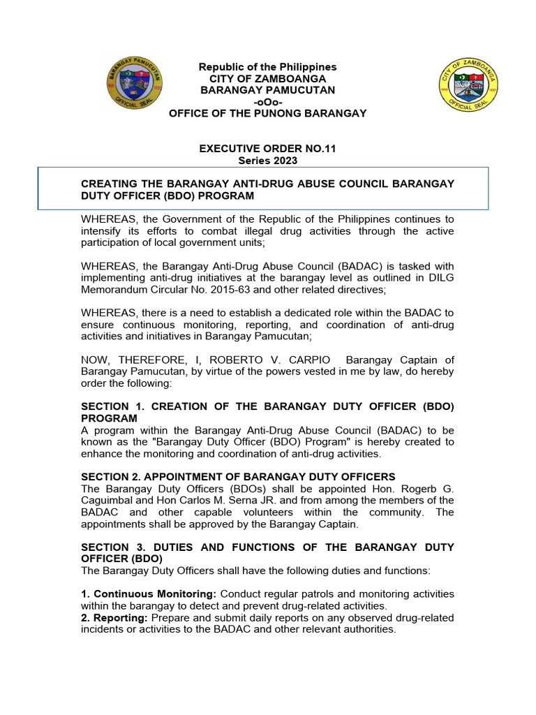 Eo Badac Barangay Duty Officers | PDF | Substance Abuse | Justice