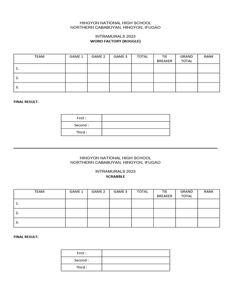 Word Factory Score Sheet | PDF