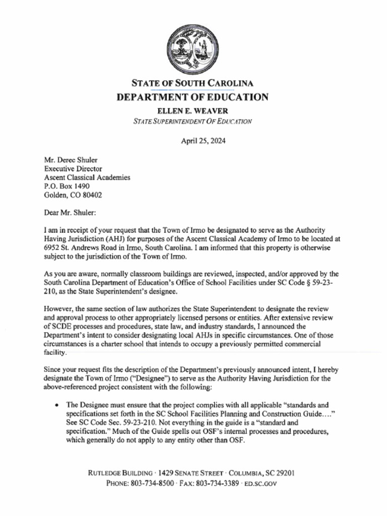 Superintendent Designation Letter - Town of Irmo & Ascent Classical ...