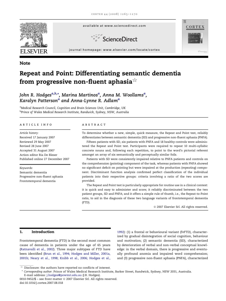 Repeat and Point, Differentiating Semantic Dementia From Progressive ...