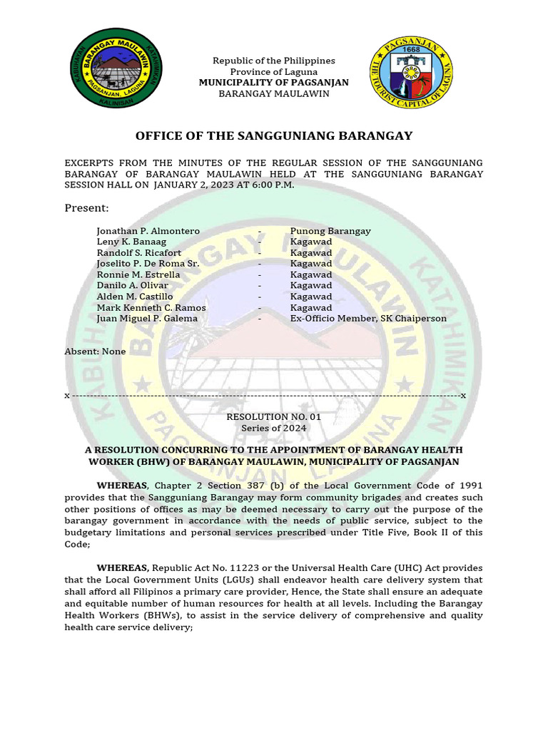 Resolution On The Appointment of Barangay Health Worker | PDF | Philippines