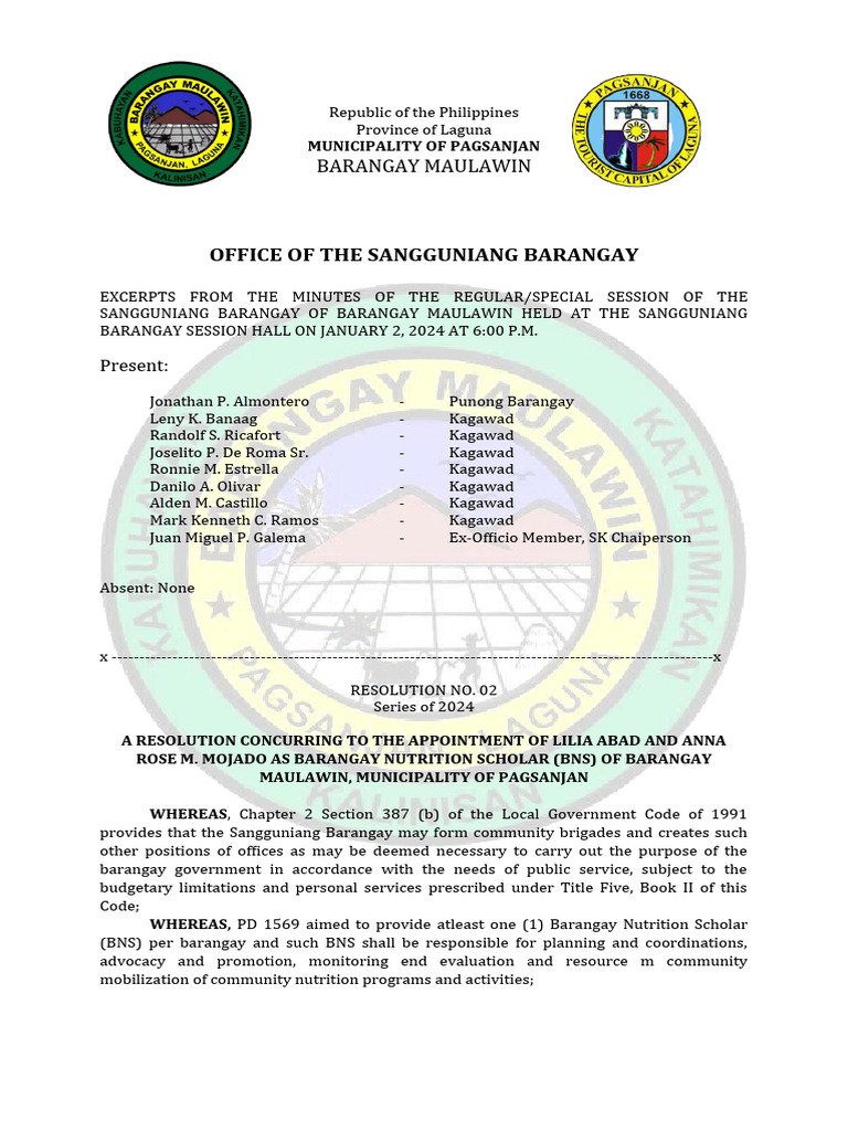 Resolution On The Appointment of Barangay Nutrition Scholar | PDF