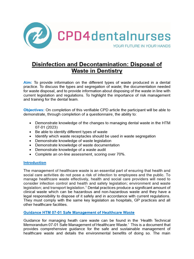 Disinfection and Decontamination Disposal of Dental Waste | PDF | Waste ...
