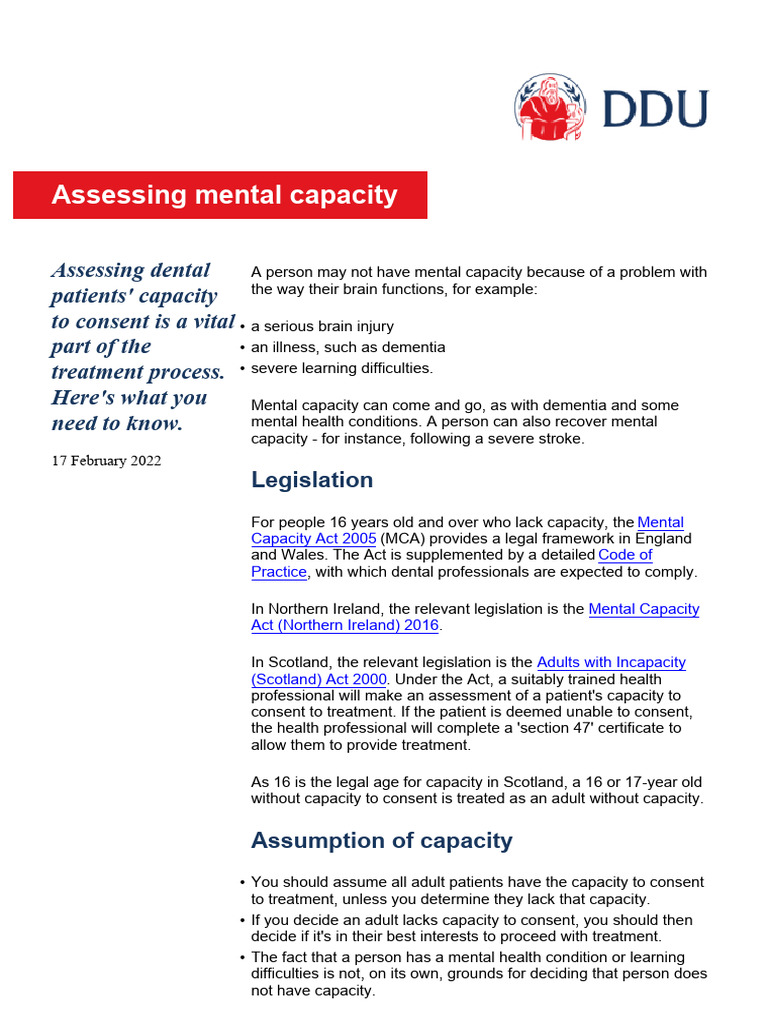 Assessing mental capacity | PDF | Informed Consent | Health Care