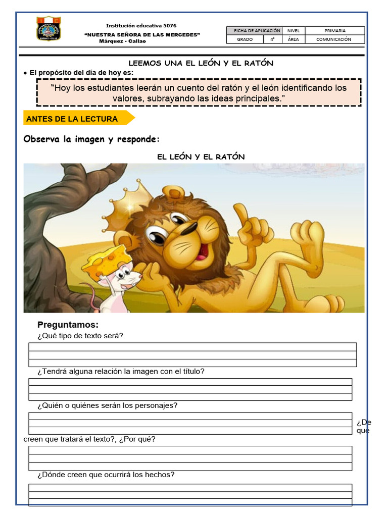 FICHA Leemos Un CUENTO EL LEON Y EL RATON | PDF