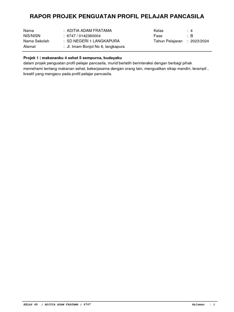 Rapor P5 KLS Kelas4d | PDF | Karier & Perkembangan | Pengembangan Diri