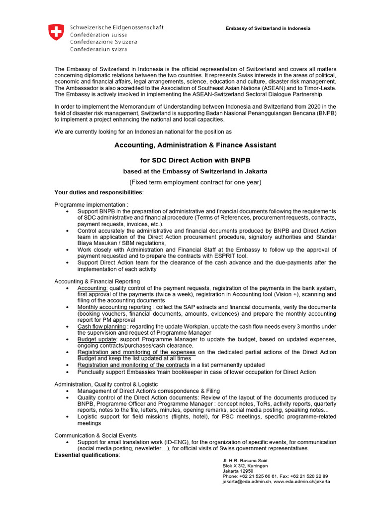 Job Vacancy Accounting Administration Finance Assistant SDC | PDF | Accounting | Risk Management