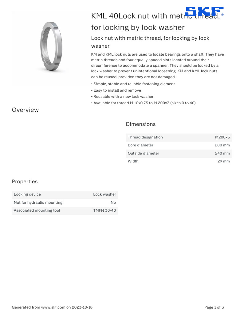 SKF KML 40lock Nut With Metric Thread, For Locking by Lock Washer Specification | PDF | License ...