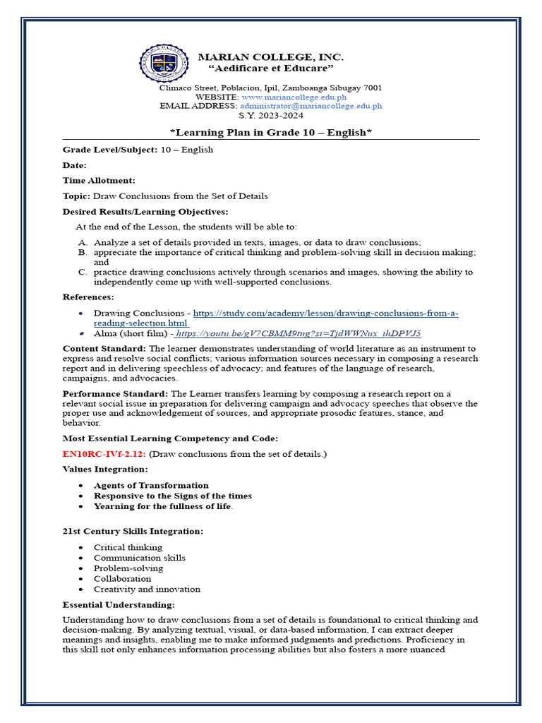 Arianne Bernaldez Grade 10-Learning Plan PDF | PDF | Learning | Critical Thinking