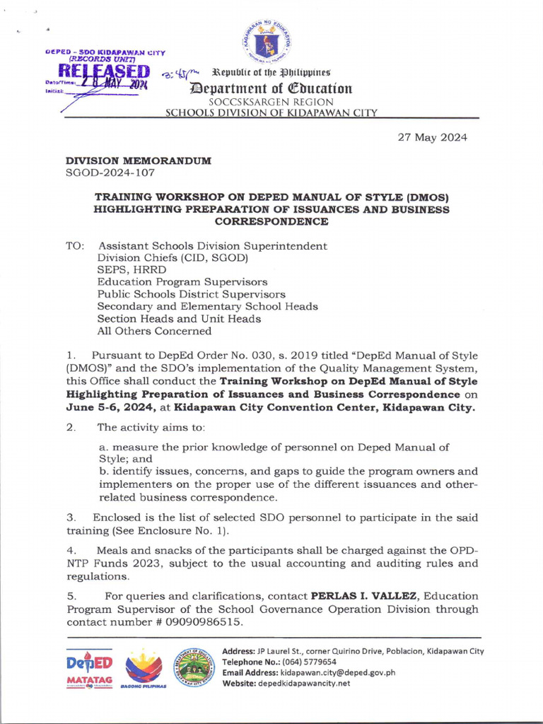 DM - SGOD - 2024 - 107 - Training Workshop of DEPED Manual of Style (DMOS) Highlighting ...