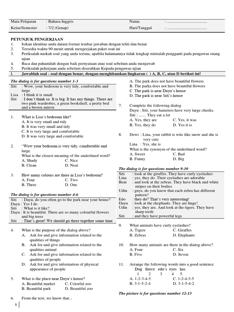 Latihan Soal PAT Bahasa Inggris Kelas 7 | PDF | Indonesia | Animals And Humans