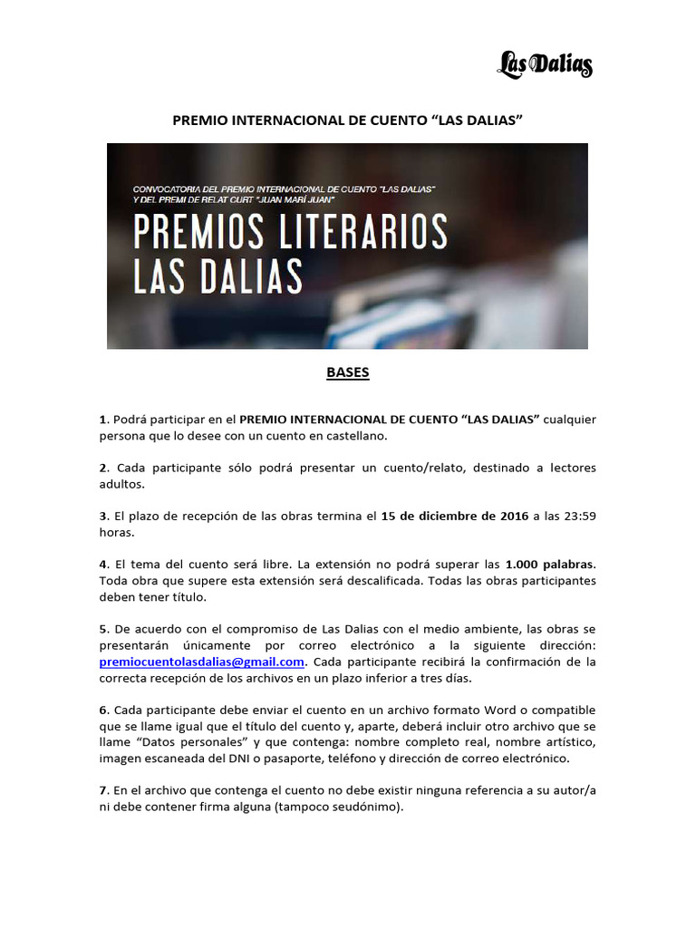 BASES.+PREMIO+INTERNACIONAL+DE+CUENTO+LAS+DALIAS | PDF