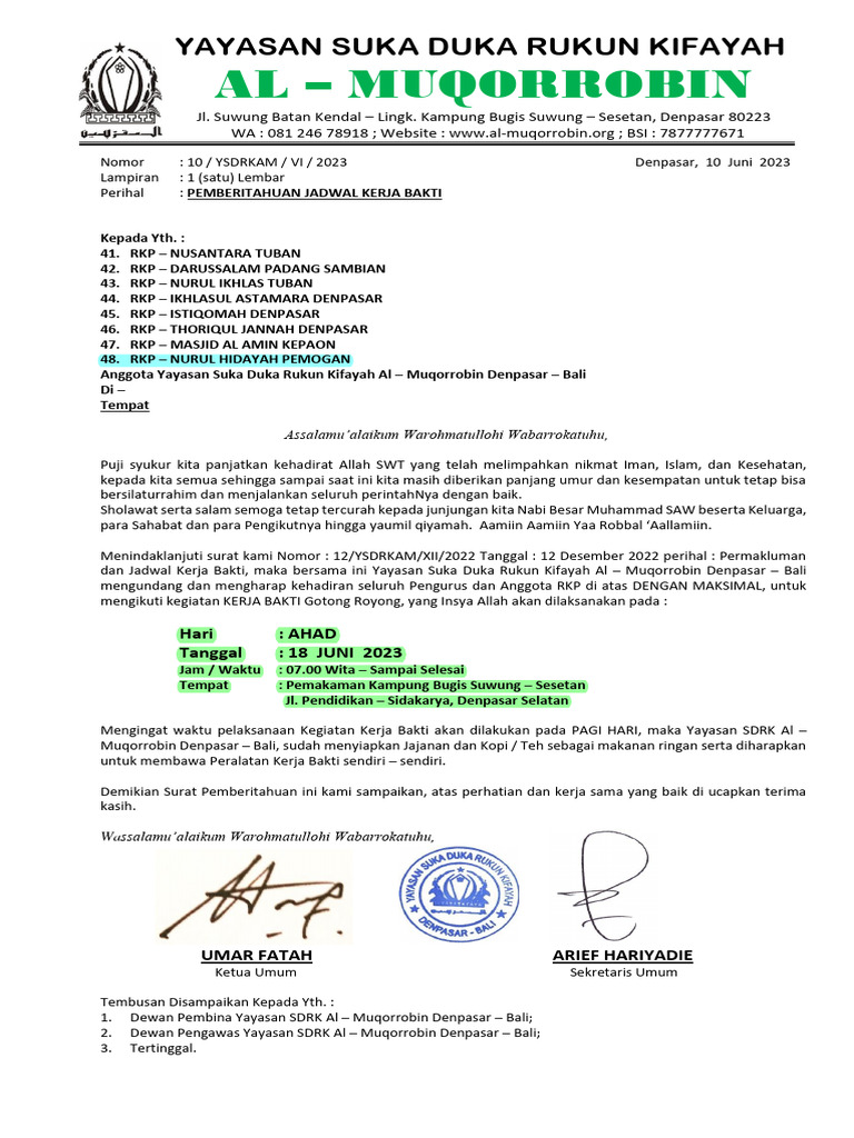Surat Jadwal Kerja Bhakti - Juni 2023 | PDF | Agama & Spiritualitas