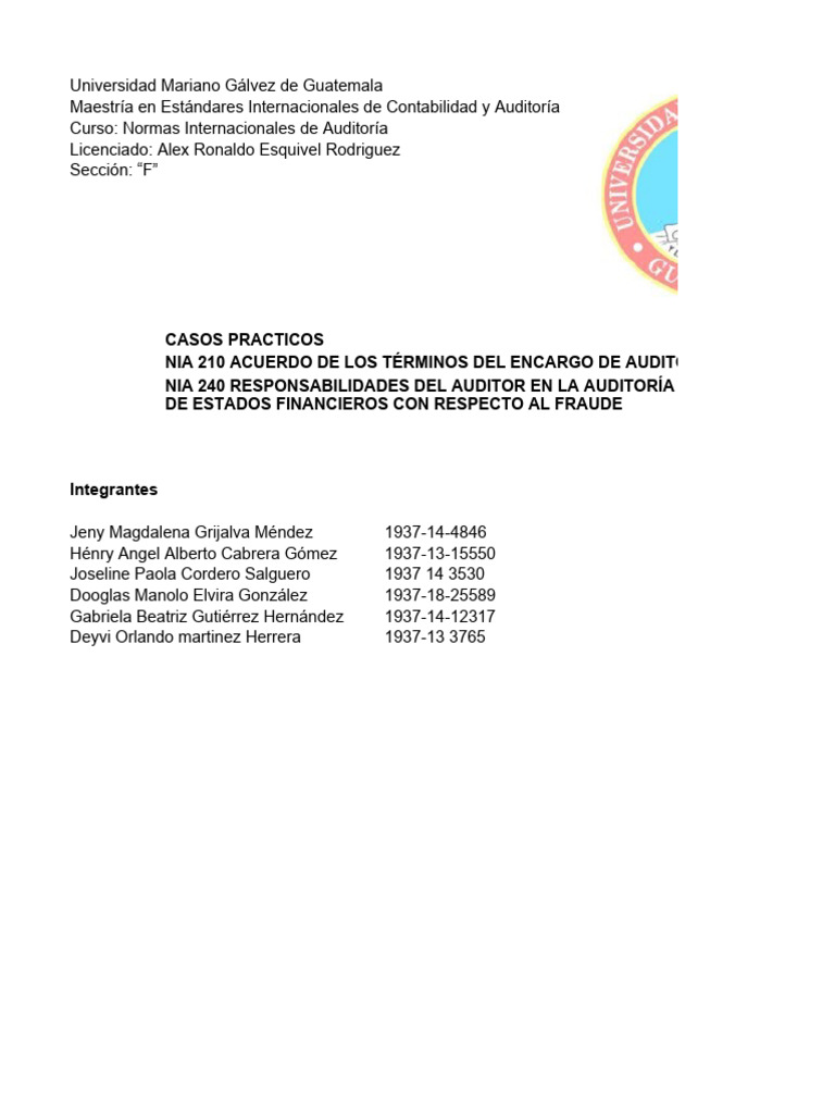 CASO PRÁCTICO - NIA 240 | Descargar gratis PDF | Auditoría | Contralor