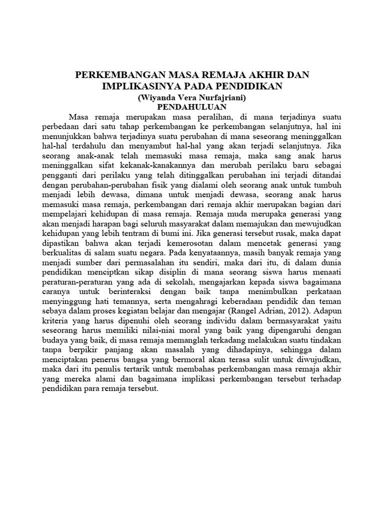 Wiyanda Perkembangan Remaja Akhir Dan Implikasinya | PDF