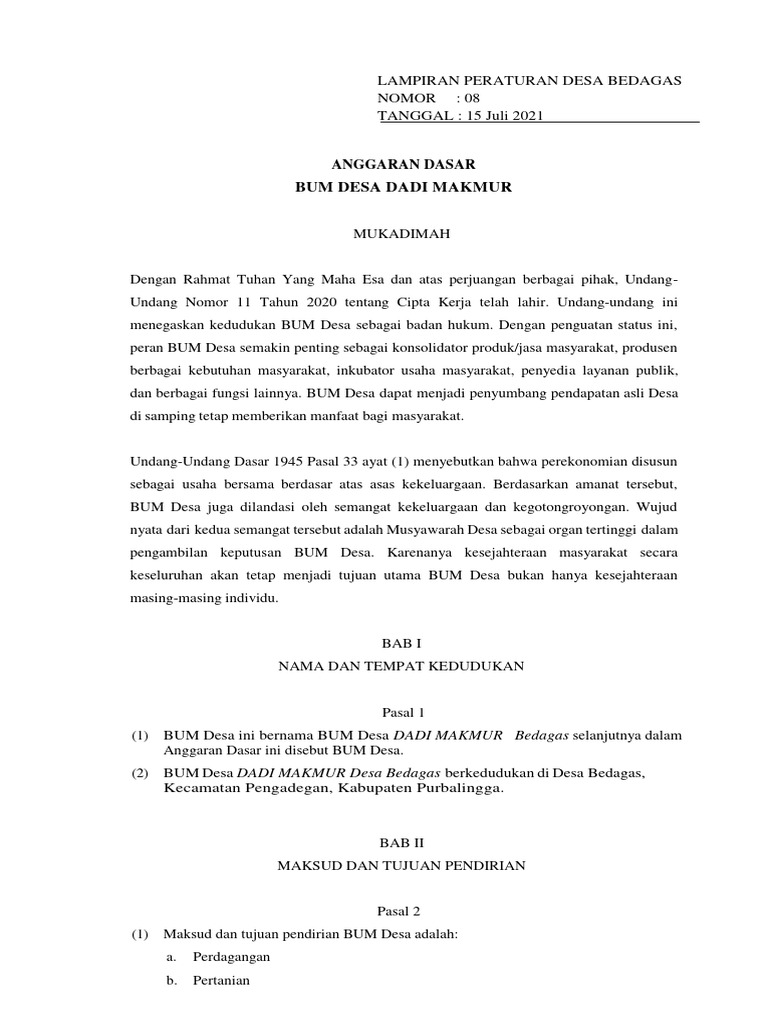 Contoh - Anggaran Dasar - BUMDES | PDF