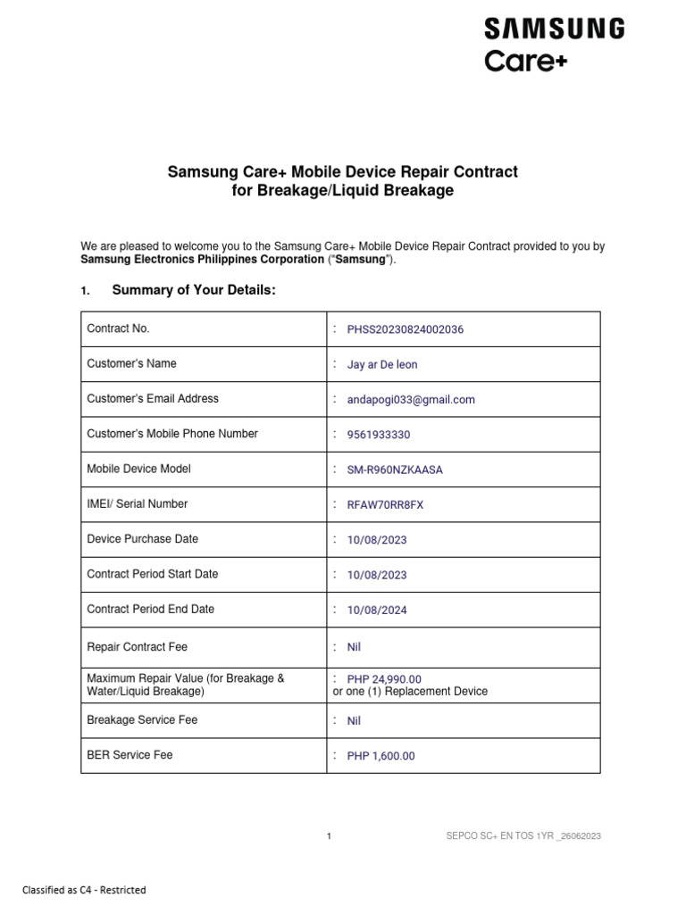 Samsung Care+ Mobile Device Repair Contract For Breakage/Liquid Breakage | PDF | List Price ...