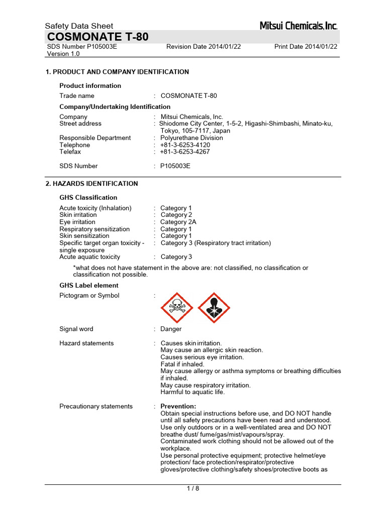 SDS t80 | PDF | Toxicity | Personal Protective Equipment