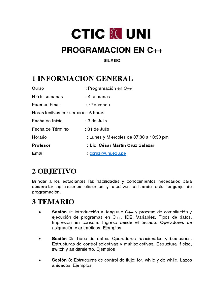 silabo_PROGRAMACION EN Cpp_Julio2024 | Descargar gratis PDF | C ...