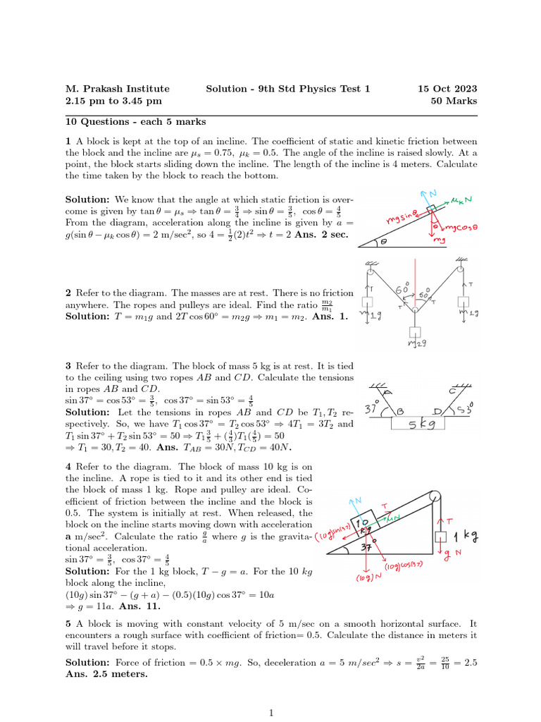 9th Grade Physics Test Solutions | PDF | Friction | Density