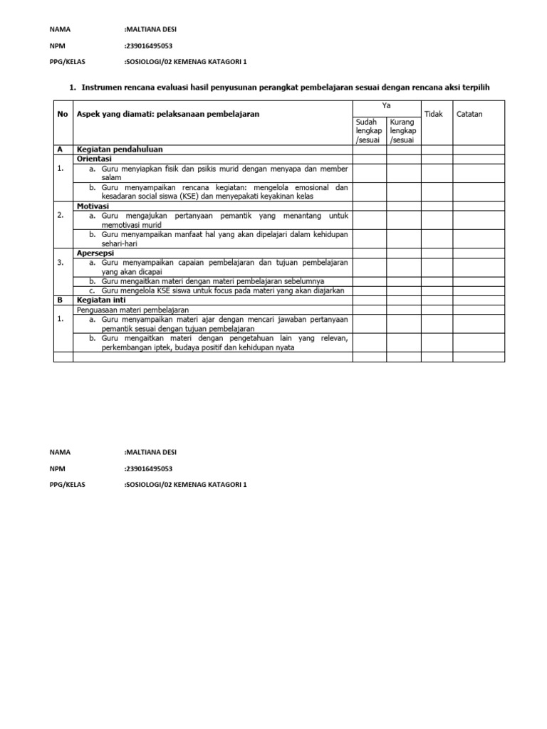Instrumen rencana evaluasi hasil penyusunan perangkat pembelajaran sesuai dengan rencana aksi ...