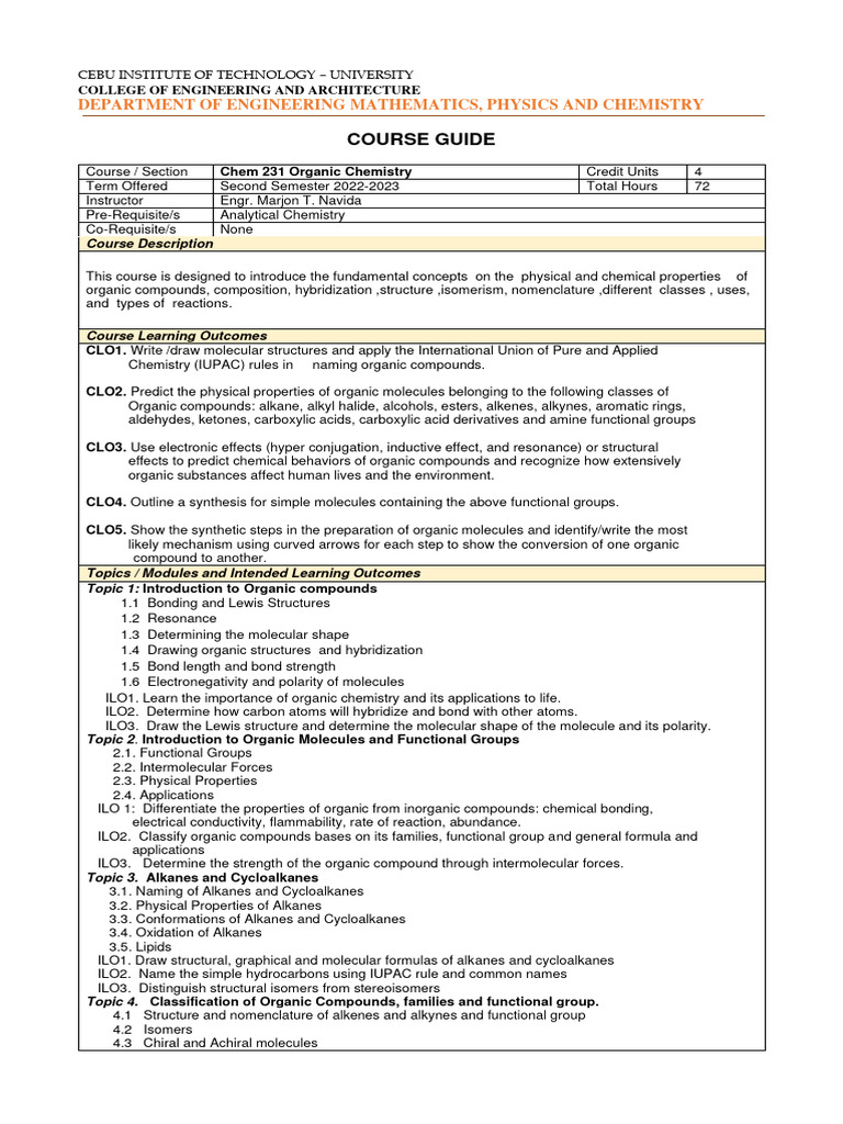 Organic Chemistry Course Guide 2022-2023 | PDF | Alkane | Alkene