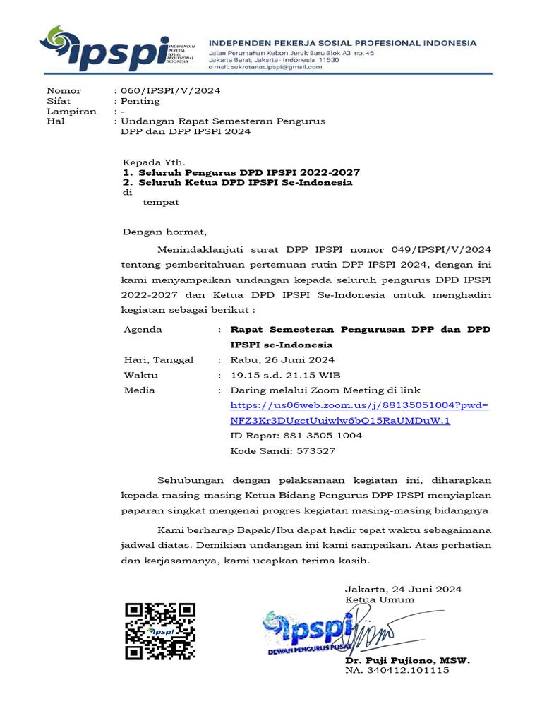 060 - IPSPI - V - 2024 - Undangan Rapat Semesteran DPP DPD | PDF ...
