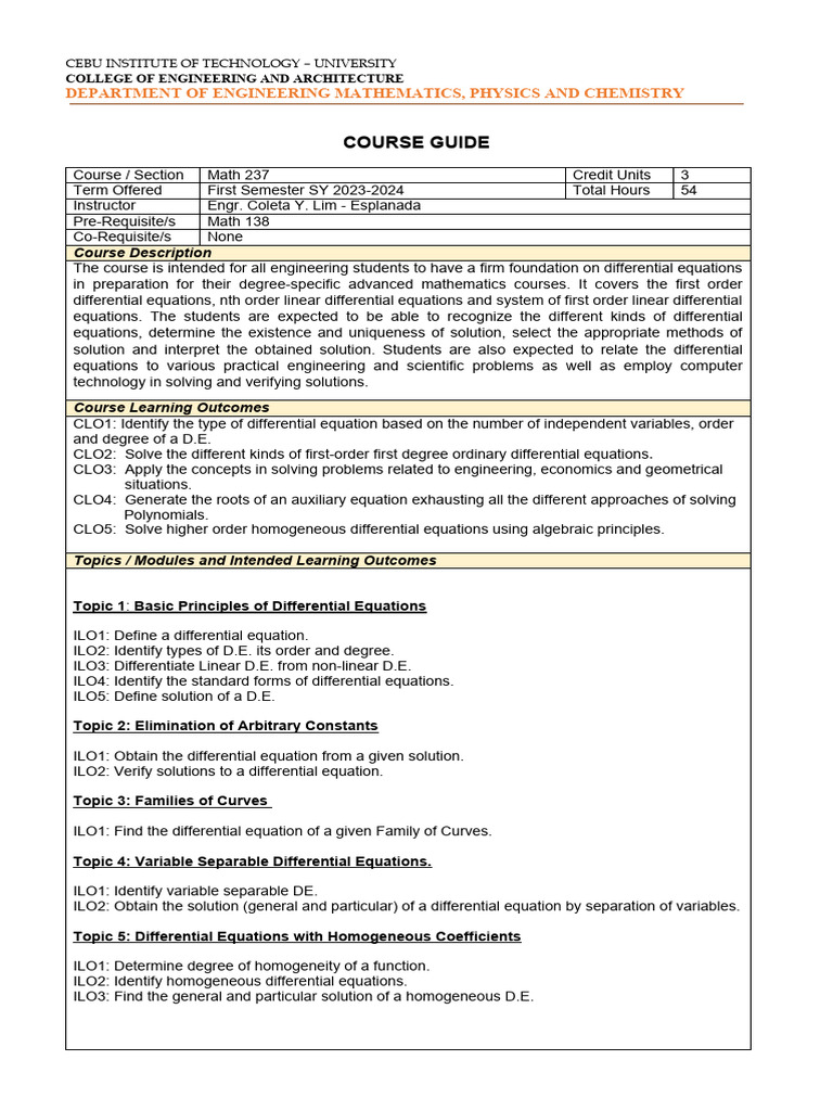 Math237-Course-Guide For Semestral Set-Up - August 2023 - Final | PDF ...