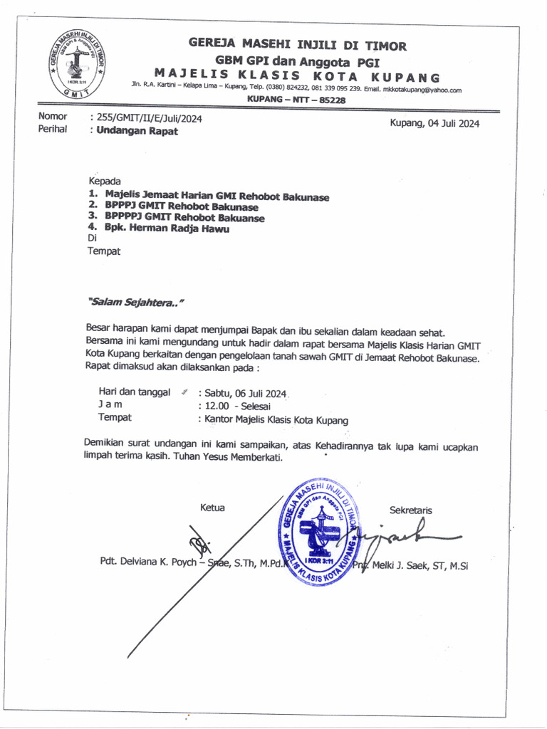 No 255 Juli 2024 (Undangan Rapat Bersama MKH GMIT Kota Kupang Dengan MJH. GMIT Rehobot Bakunase ...
