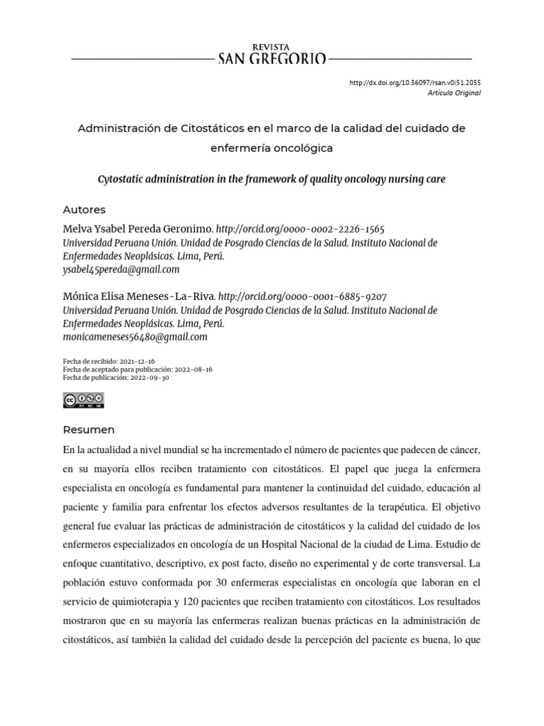 Cytostatic Administration in The Framework of Quality Oncology Nursing ...
