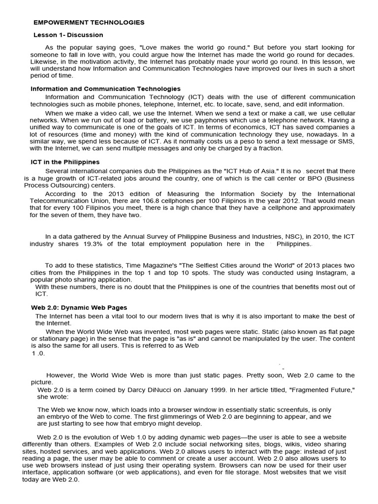 Empowerment Technologies - Lesson 1-Summary | PDF | World Wide Web ...