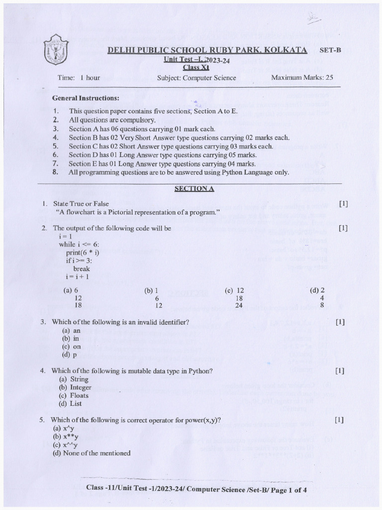 Cl Xi Unit Test1 Computer Science 2023 24 Pdf 