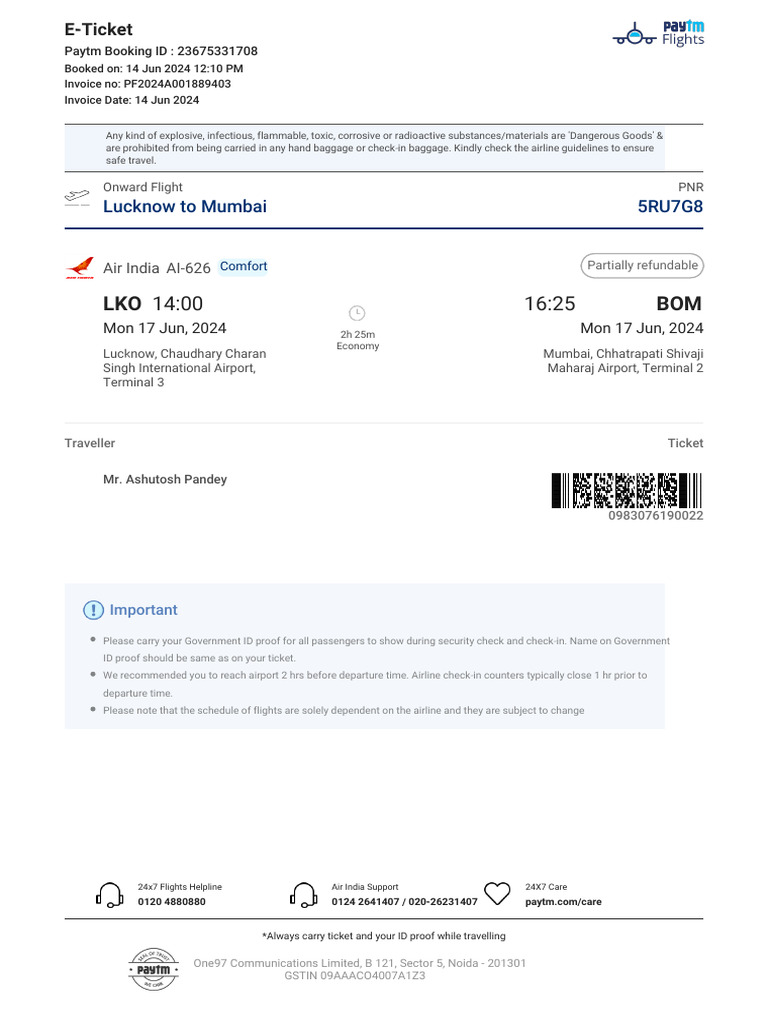 Lko Bom 17062024 23675331708 | PDF | Fee | Airport