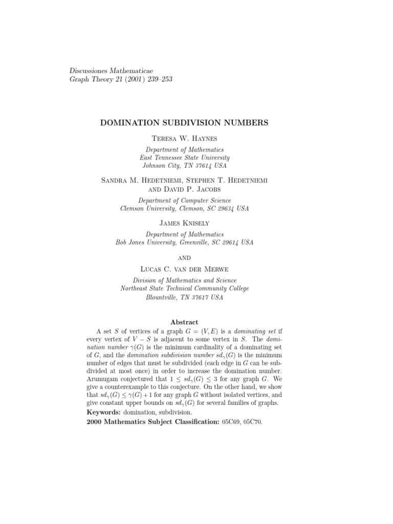 Domination Subdivision Numbers | PDF | Vertex (Graph Theory) | Discrete Mathematics