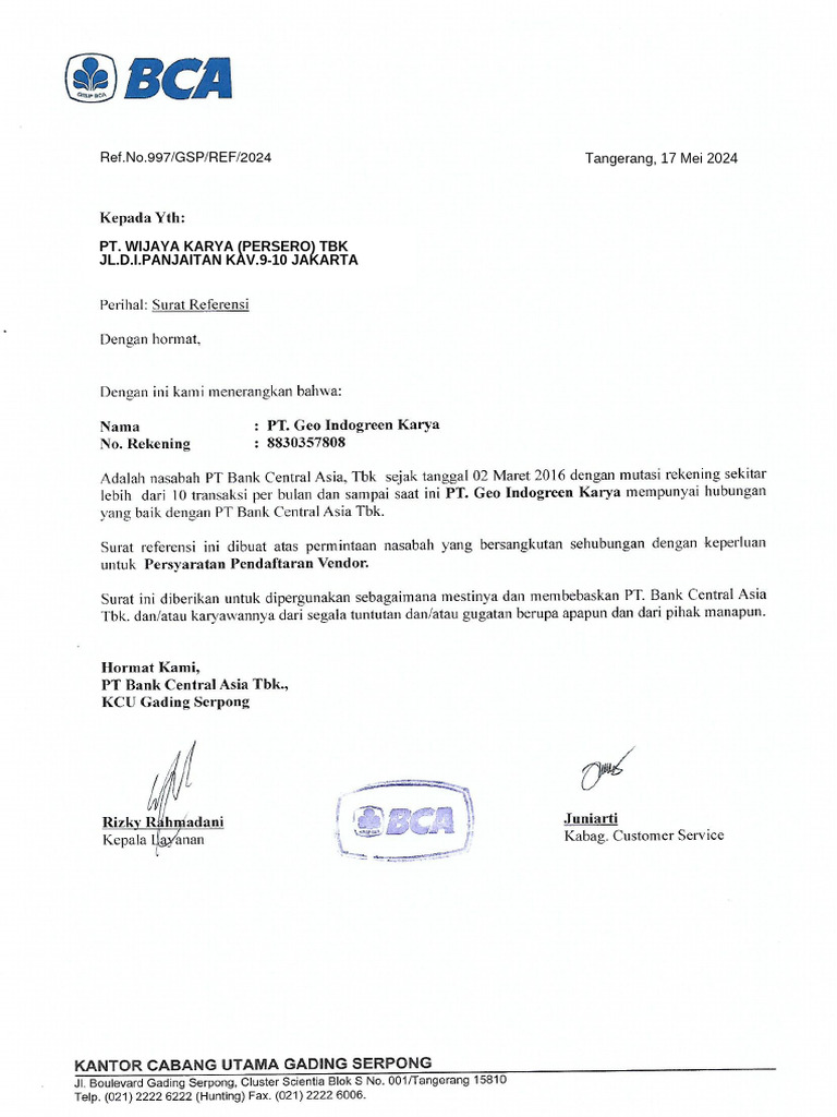 Surat Referensi Bank Bca | PDF