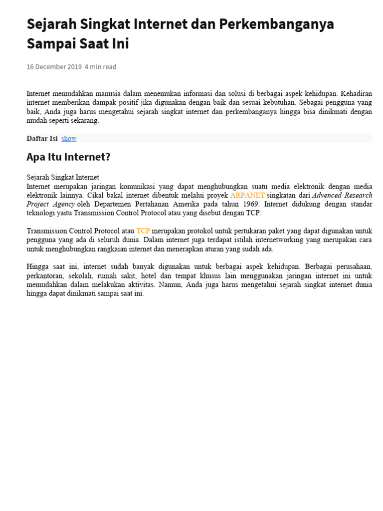 Sejarah Singkat Internet Dan Perkembanganya Sampai Saat Ini | PDF