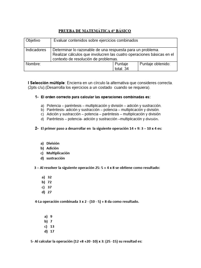 Prueba Matematica 6 Basico Pdf Multiplicación Exponenciación
