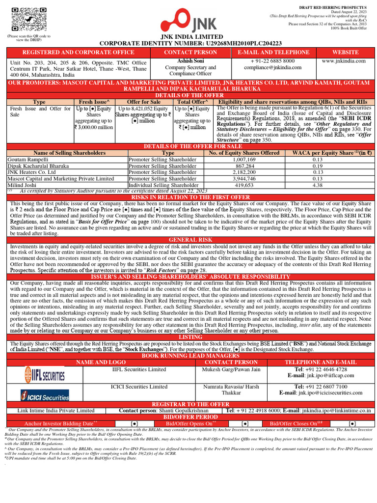 JNK India IPO Prospectus | PDF | Stocks | Investing