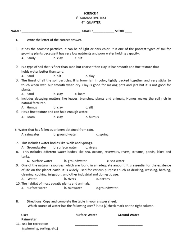 Summative Test Science 4th | PDF | Soil | Water