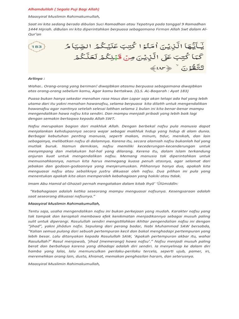 Khutbah Jumat Dua Cara Menundukkan Hawa Nafsu | PDF