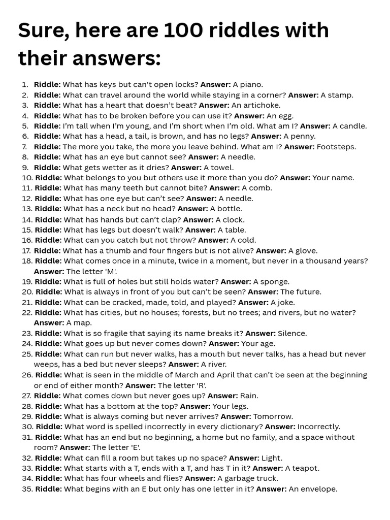 Sure, Here Are 100 Riddles With Their Answers | PDF | Hand