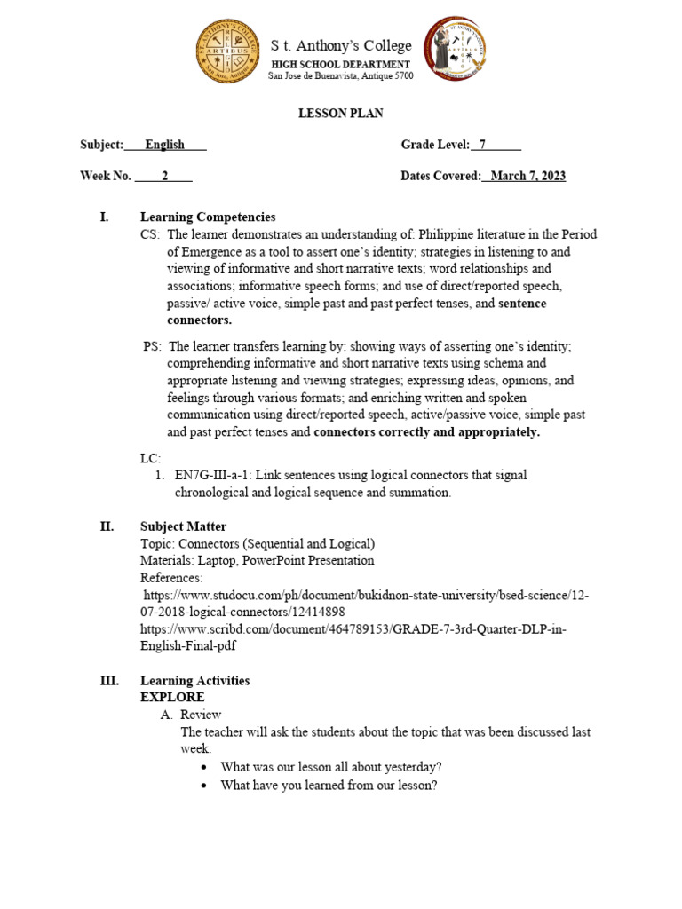 LESSON PLAN in Grade 7 Sequential Connectors | PDF | Learning | Lesson Plan