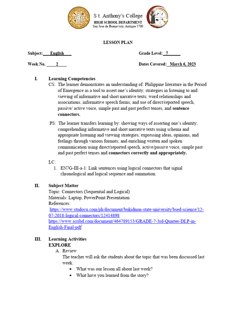 LESSON PLAN IN GRADE 7- CONNECTORS | Download Free PDF | Lesson Plan | Learning